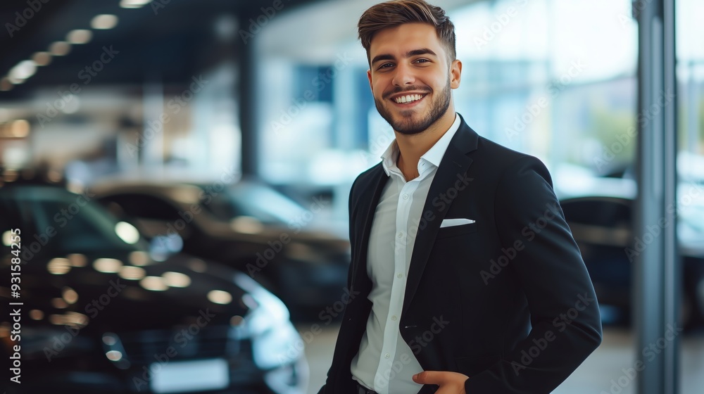 Young Male Car Salesman in Black Suit Standing Confidently in a Car ...