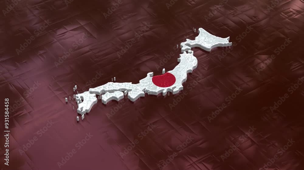 3D map of Japan moving on a red textured floor. The country's area ...