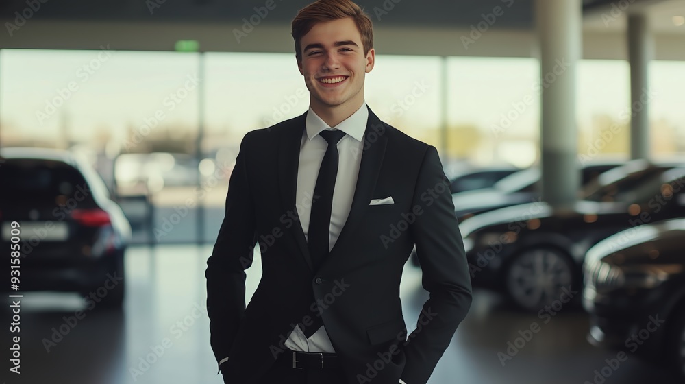 Young Male Car Salesman in Black Suit Standing Confidently in a Car ...
