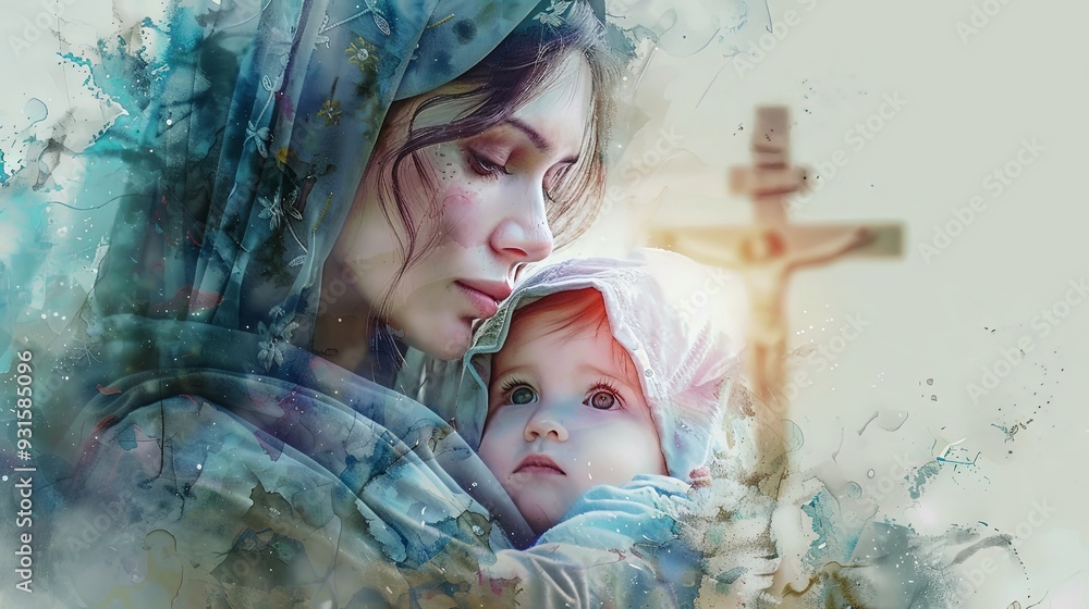 A poignant and tender digitally enhanced image of a mother cuddling her ...