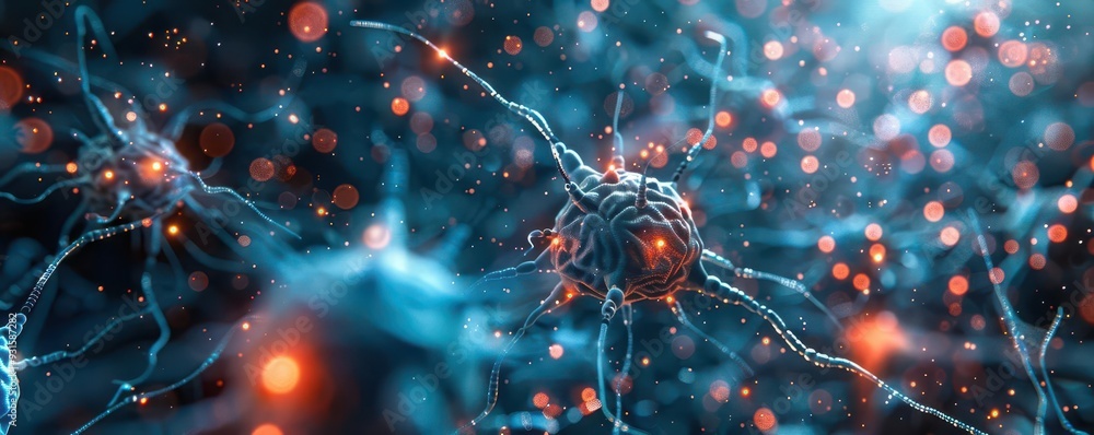 Neural network nodes and connections, side view, demonstrating deep ...