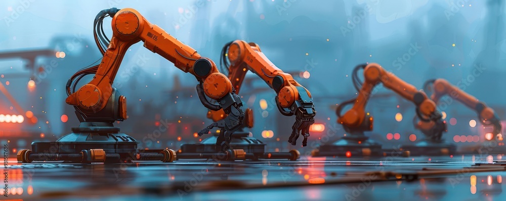 Robotic arms performing complex tasks, side view, depicting seamless ...