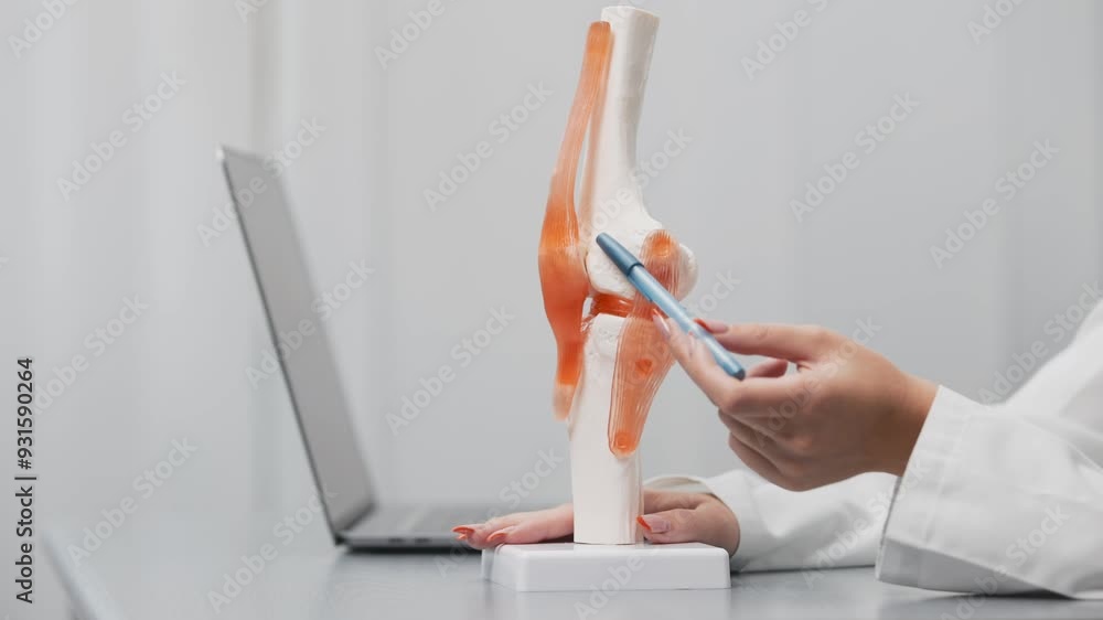 Orthopedic surgeon shows a detailed knee joint model during a medical ...