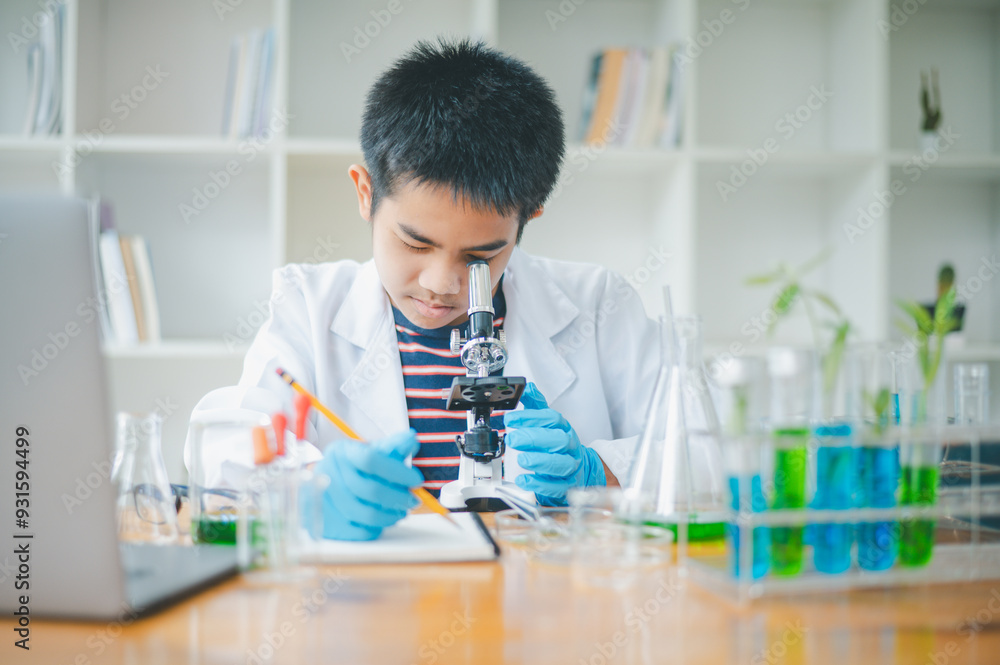 Asian male science students looking through a microscope and tests of ...