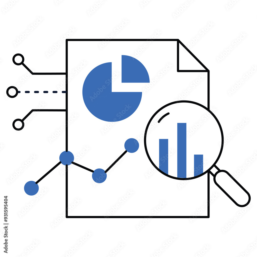 An icon highlighting data analysis with a magnifying glass over a ...