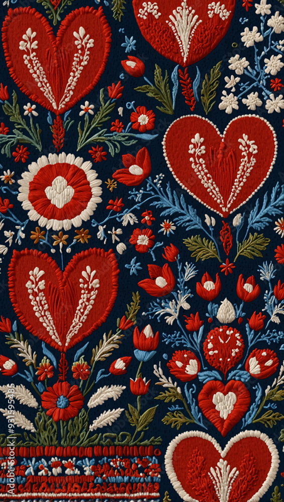 A folk-art inspired embroidery design with symmetrical patterns of ...