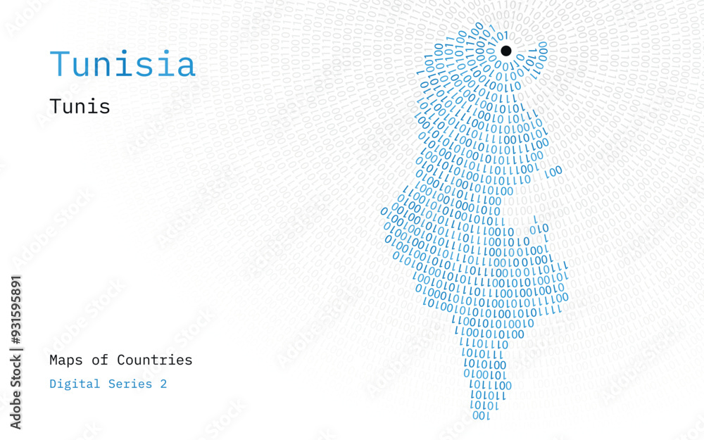 A map of Tunisia depicted in zeros and ones in the form of a circle. The capital, Tunis, is ...