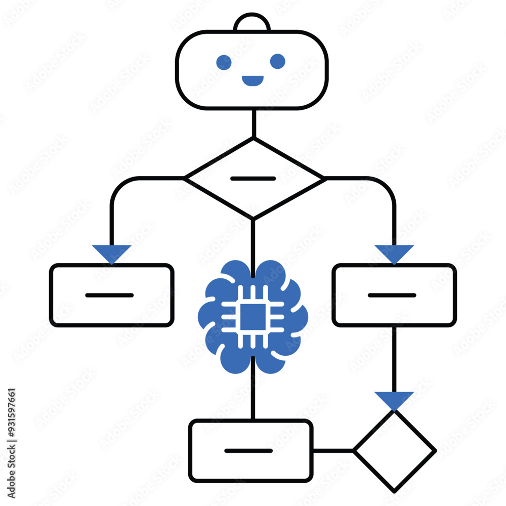 An icon representing robotic process automation with a flowchart and AI ...