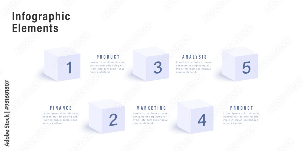 Business process chart infographics with 5 step cubes. Cubic corporate ...