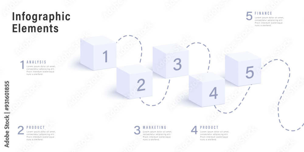 Business process chart infographics with 5 step cubes. Cubic corporate ...