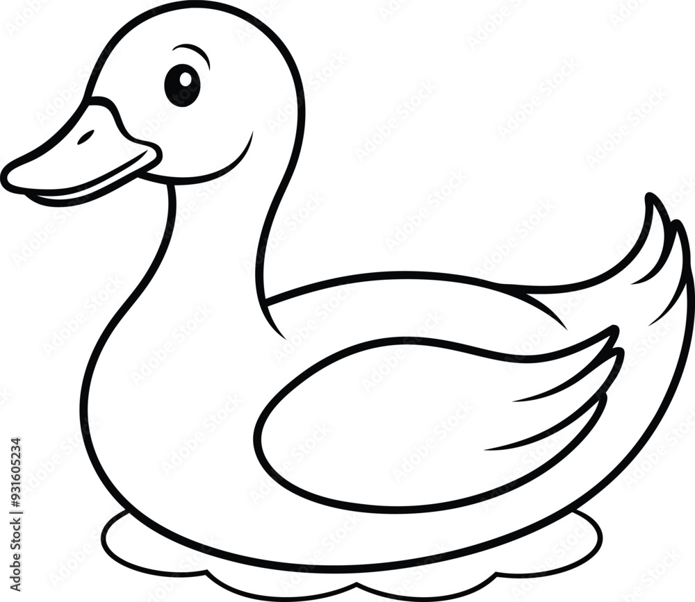 Cute duck outline for children to color. Black and white, simple and ...