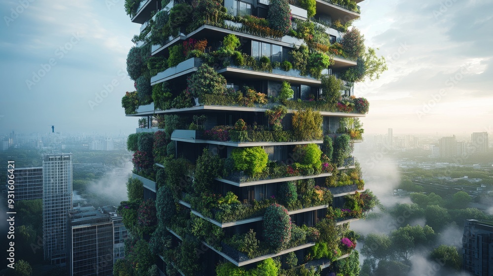 Vertical Garden Skyscraper: A tall, futuristic skyscraper covered in ...