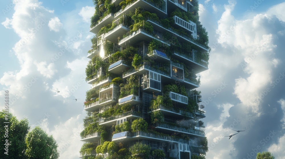 Vertical Garden Skyscraper: A tall, futuristic skyscraper covered in ...