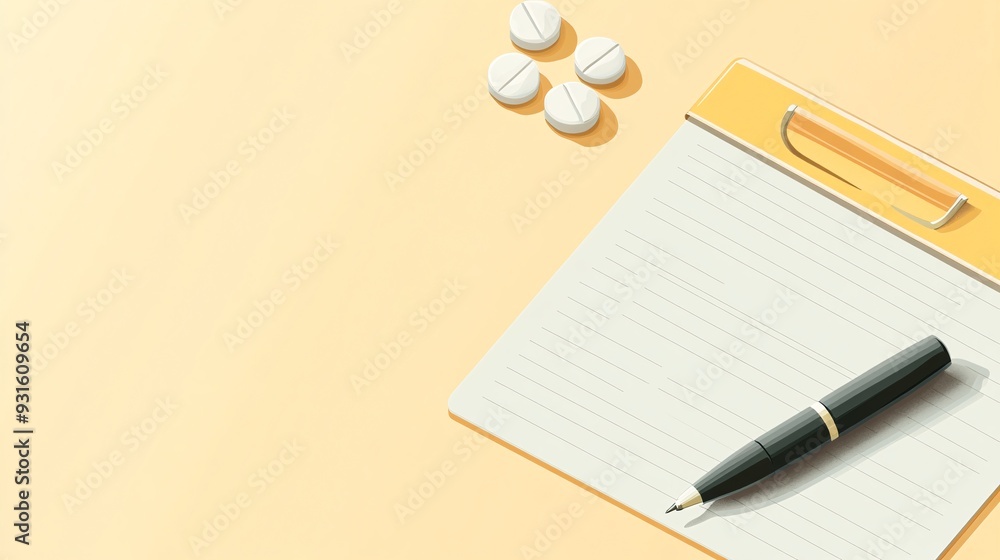 Illustrator style, prescription pad with a pen lying on top, filled out ...