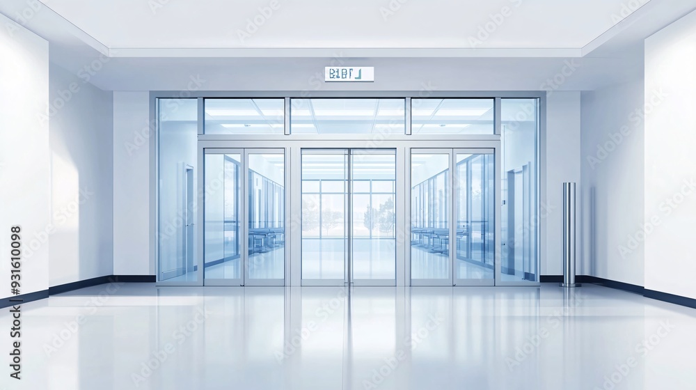 Illustrator style, hospital entrance with large automatic doors, clean ...