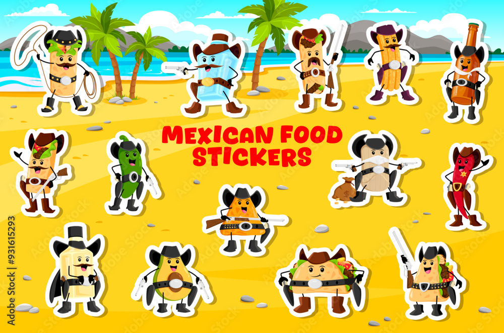Stickers of Mexican food characters cowboys, bandits and sheriffs on ...