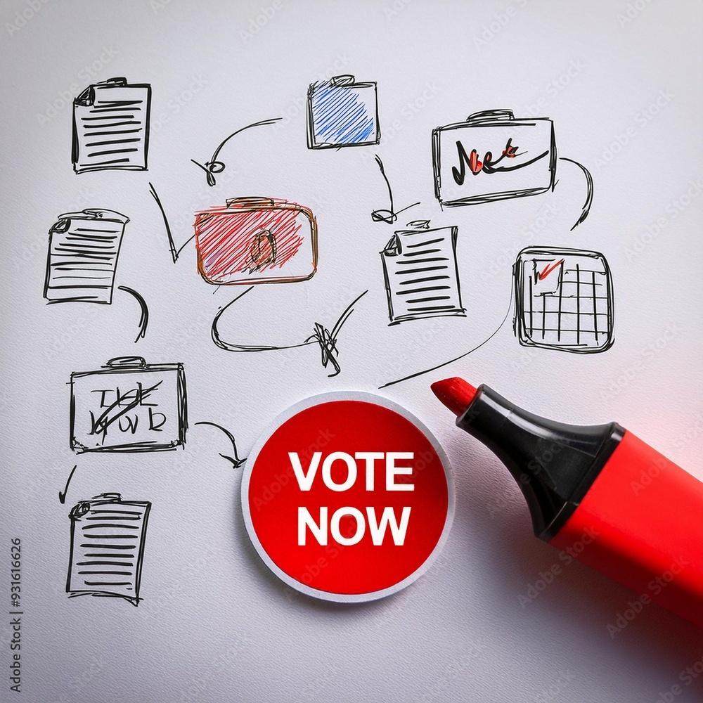 Red 'VOTE NOW' button on a whiteboard with handwritten notes and a ...