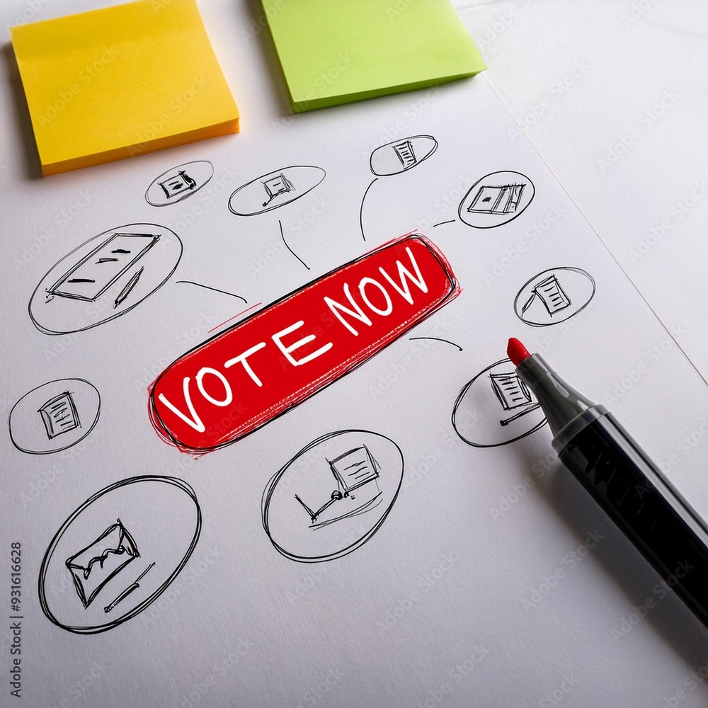Red 'VOTE NOW' button on a whiteboard with handwritten notes and a ...