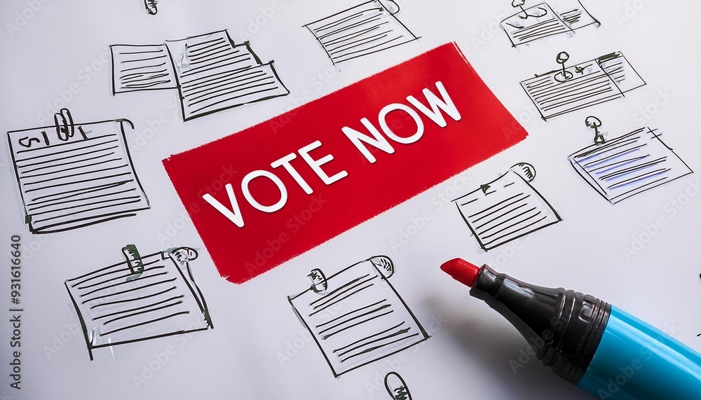 Red 'VOTE NOW' button on a whiteboard with handwritten notes and a ...