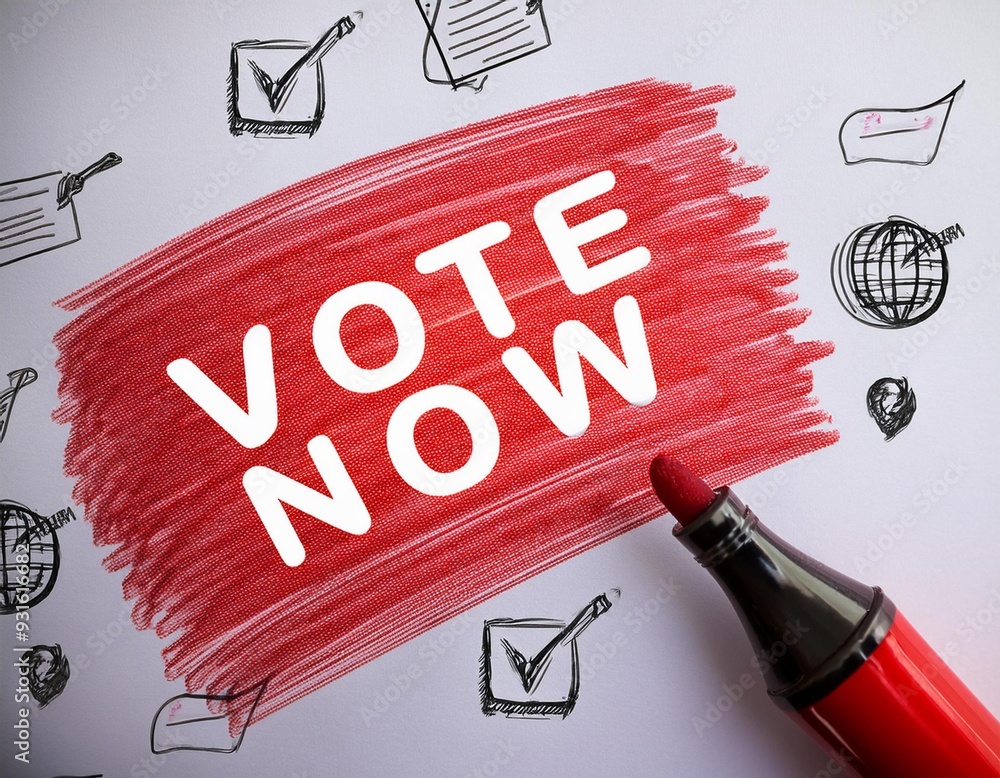 Red 'VOTE NOW' button on a whiteboard with handwritten notes and a ...