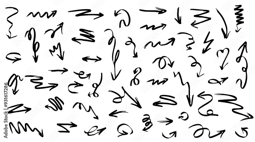 Set of hand drawn various curved lines and arrow curls. Drawing with a ...