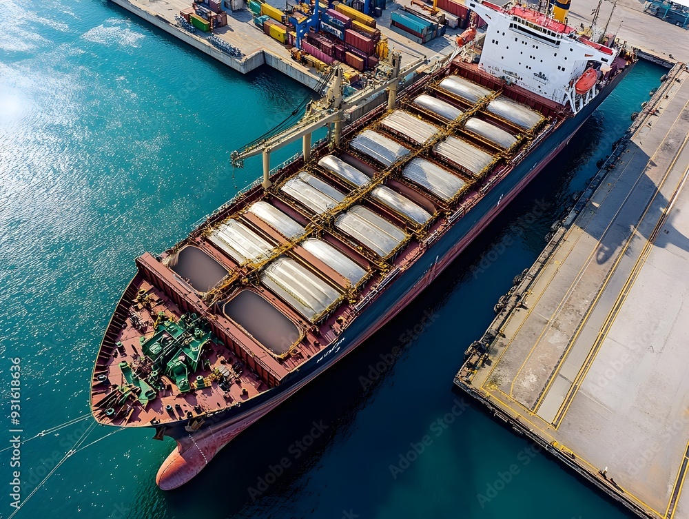 Aerial perspective of a large bulk cargo ship docked at a bustling port ...