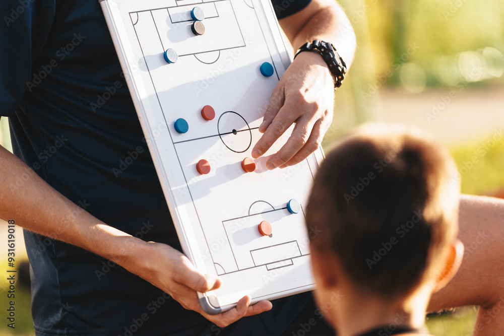 Soccer coach use strategy whiteboard at practice. Trainer using white ...