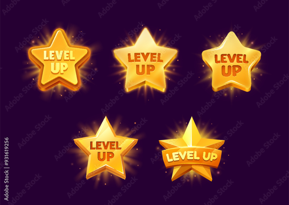 Level up rank, game star badges or pop up icons. Isolated vector golden ...