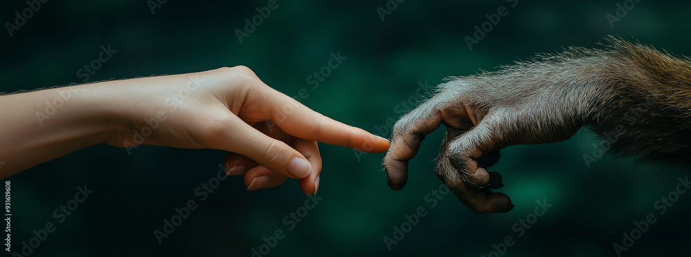 A human hand almost touches a monkey's hand. The background is dark ...