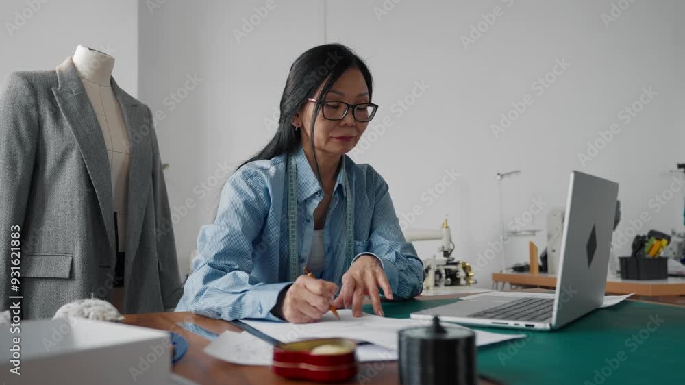 Chinese fashion designer woman working with laptop in atelier, portrait ...