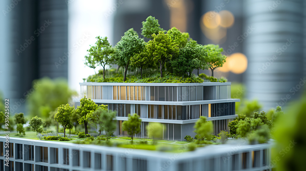 "Model of an Eco-Friendly Building with Green Trees on Rooftop ...