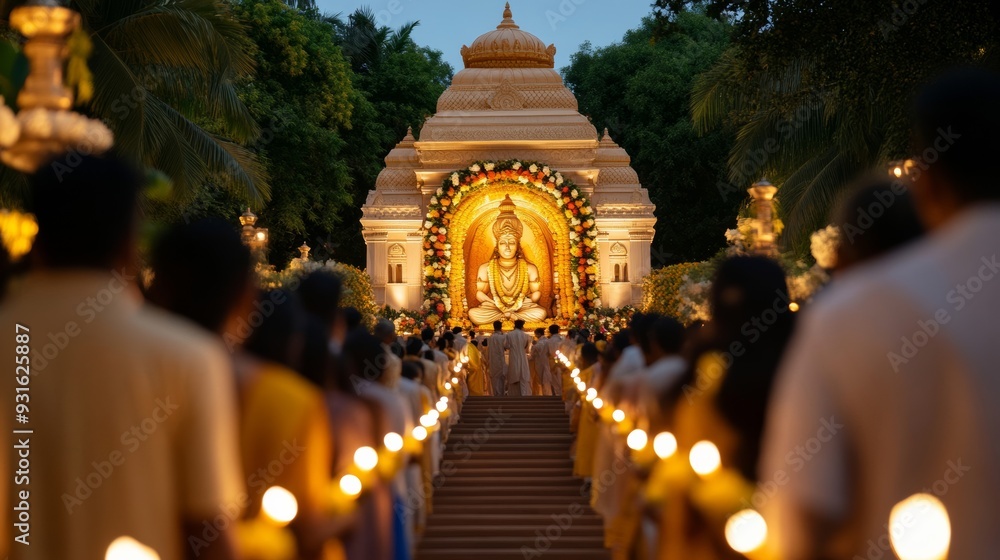 Decorated temple entrance with a grand idol of Lord Rama surrounded by ...