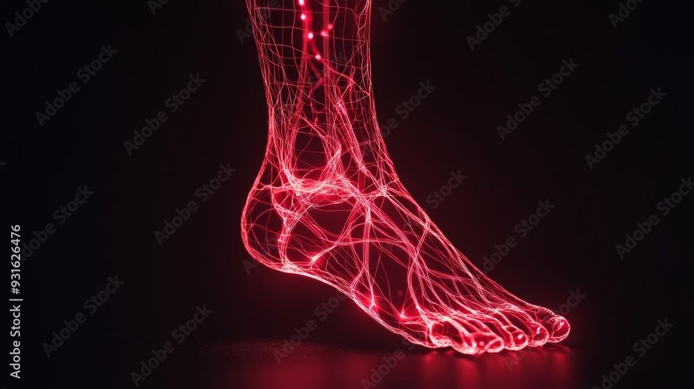 Glowing red nerve lines spreading from feet on dark gradient background ...