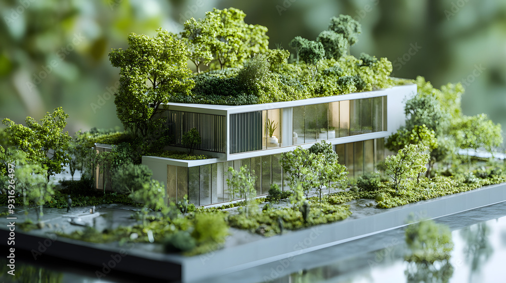 "Model of an Eco-Friendly Building with Green Trees on Rooftop ...
