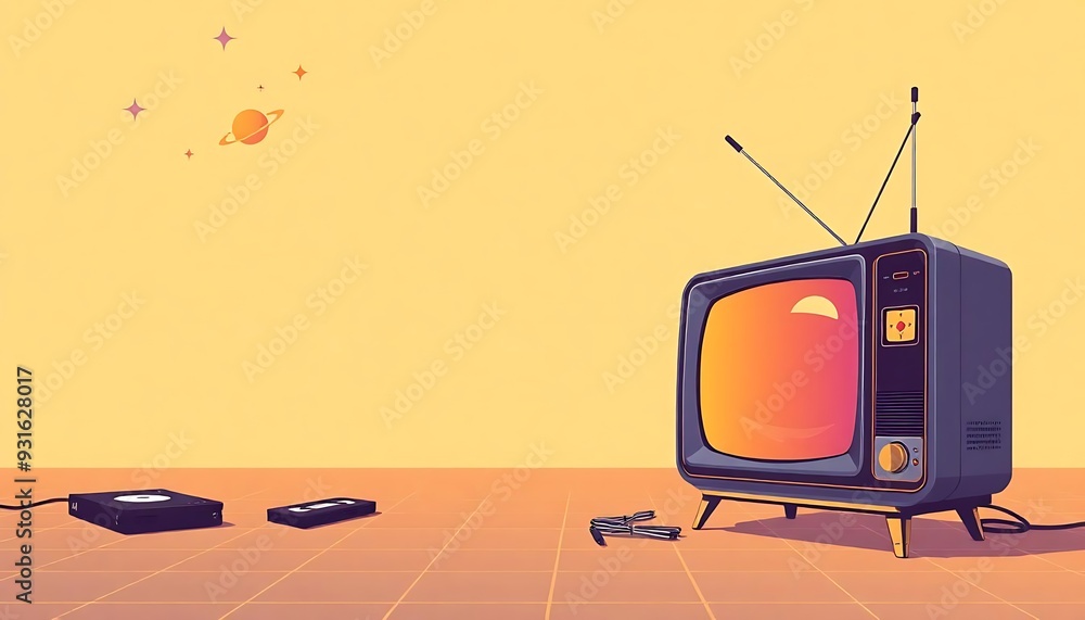 1980s retro classic TV series with an antenna, VHS cassettes, and a ...