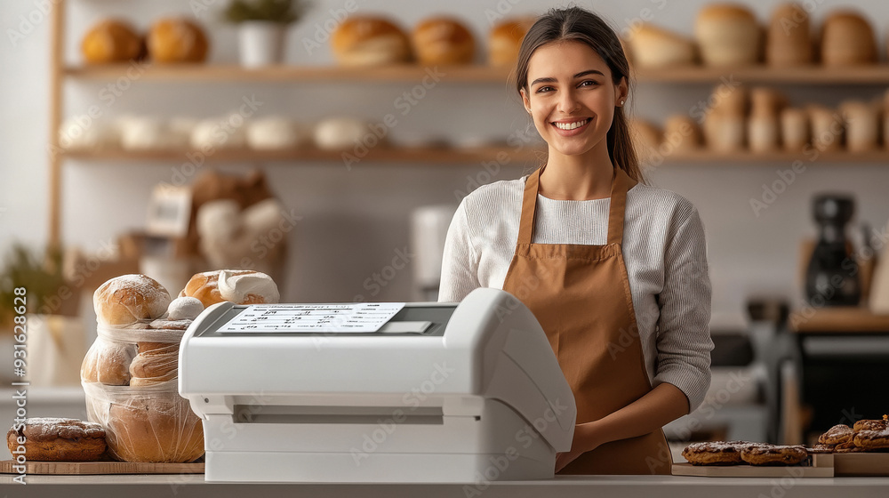 bakery cash register, white cash register placed on top, Indian female ...