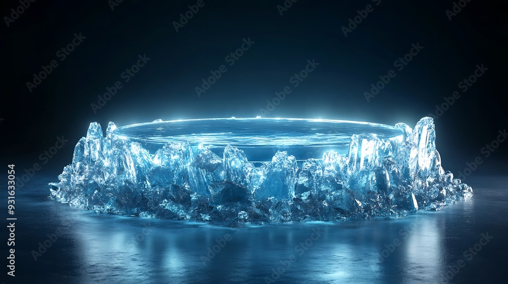 Circular ice platform with a glowing center on a reflective surface ...