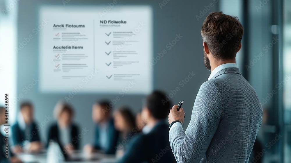 Business team in a conference room, agenda with follow-up sections ...