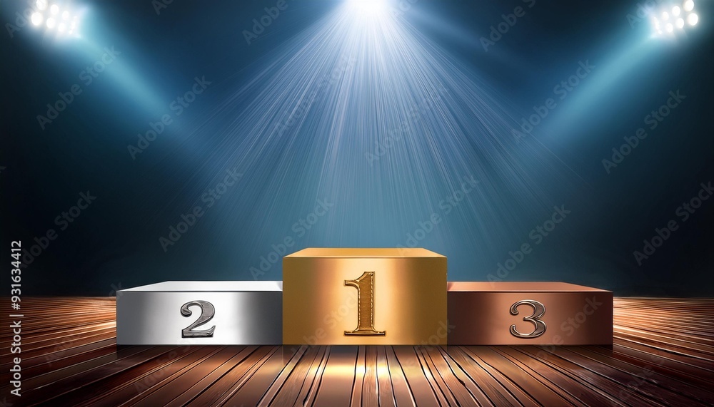 A three-tiered podium where winners stand, with a bright spotlight ...