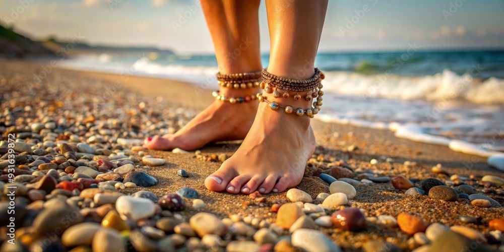 Barefoot on the Beach, Low Angle, Closeup of Feet with Anklets, Sunset ...
