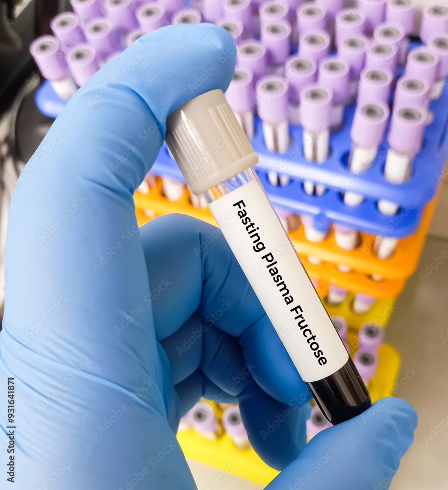 Scientist hold blood sample container with blood for Serum Fructose ...