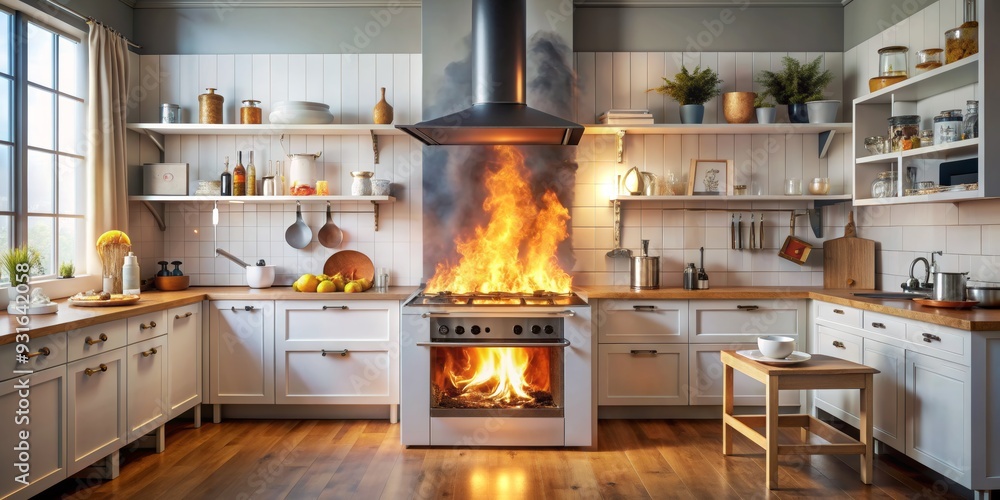 Kitchen Fire Hazard Stovetop Flames in Modern White Kitchen, Fire ...