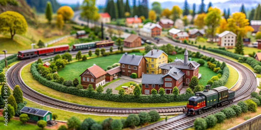 Miniature Train Winding Through a Model Village, train track, model ...