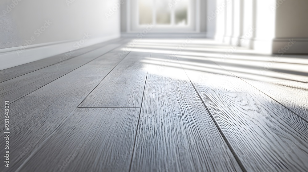 Light gray wooden floor planks, low angle perspective, soft natural ...