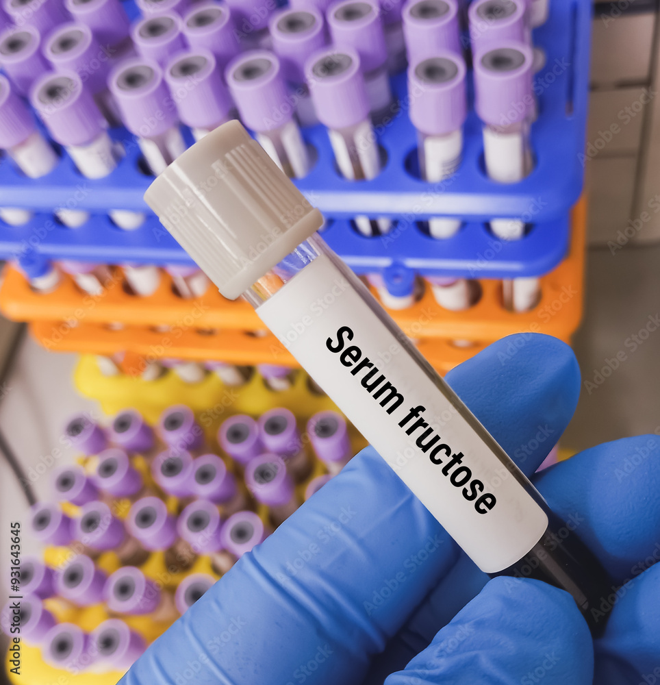 Scientist hold blood sample container with blood for Serum Fructose ...