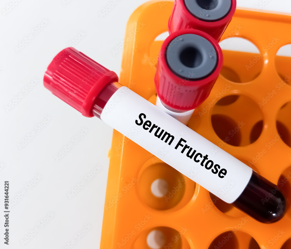 Scientist hold blood sample container with blood for Serum Fructose ...