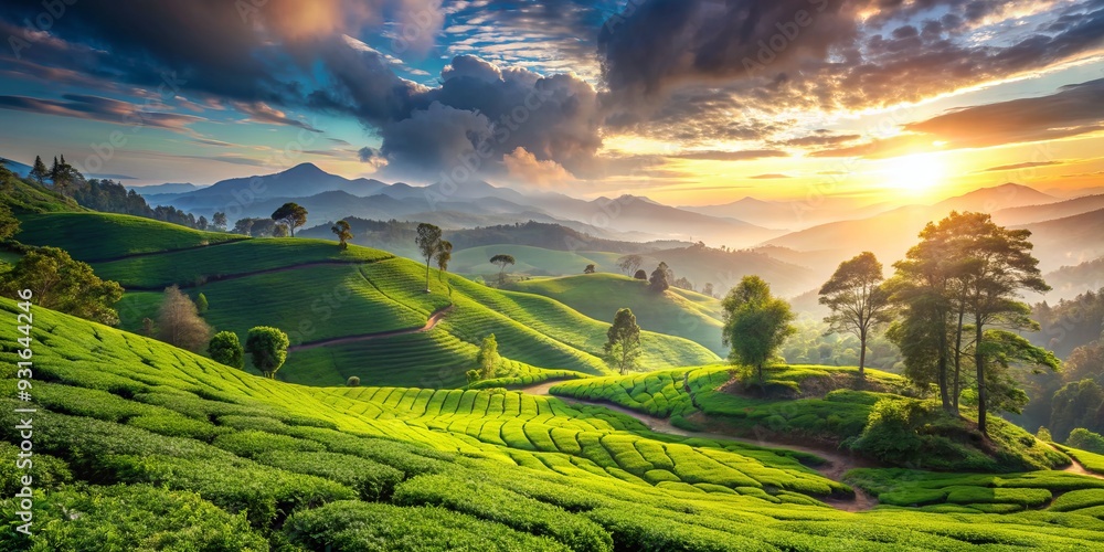 Sunrise Over Tea Plantation, Landscape Photography, Golden Hour, Tea ...