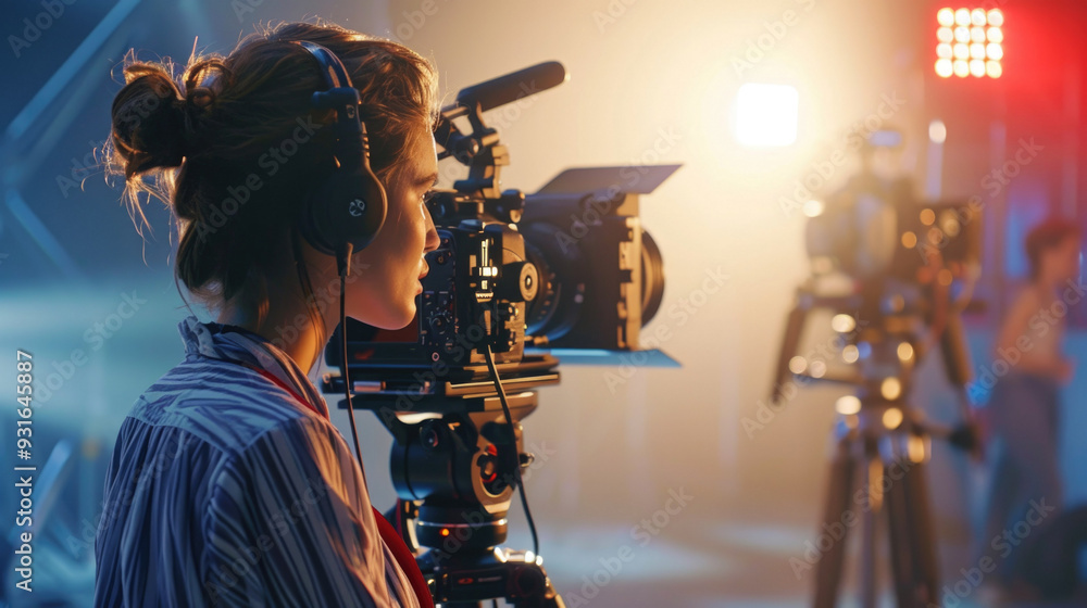 Behind the scene. Female cameraman shooting the film scene with camera ...