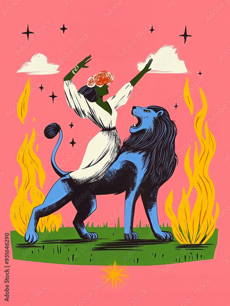 Stylized tarot card of “Strength” featuring a woman with green skin and ...