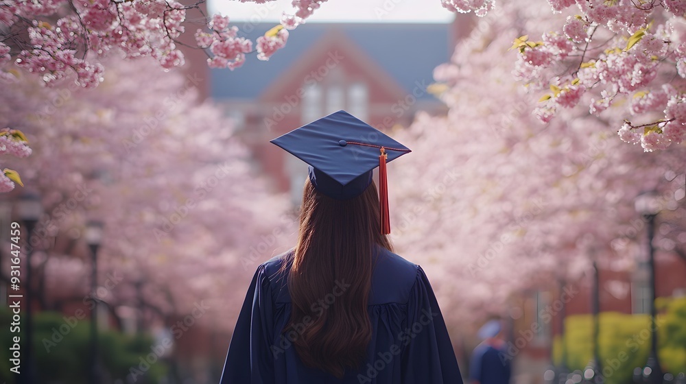 Graduate in deep blue academic gown and mortarboard, back view, facing ...